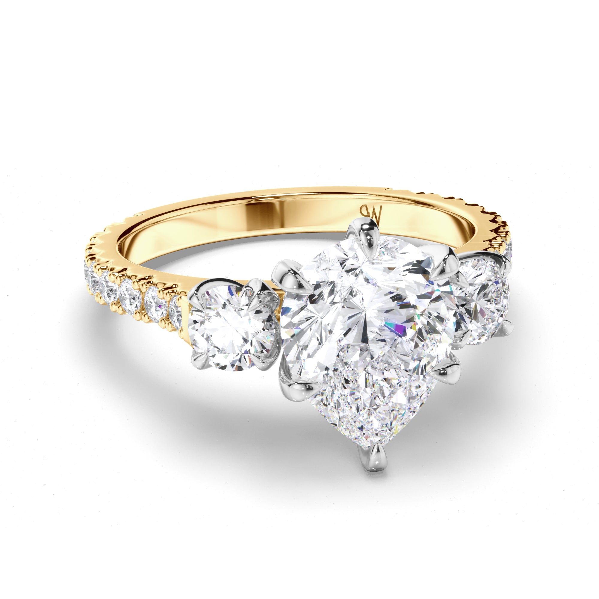 Pear Diamond Trilogy Engagement Ring with Round sides and Cut Claw Ban